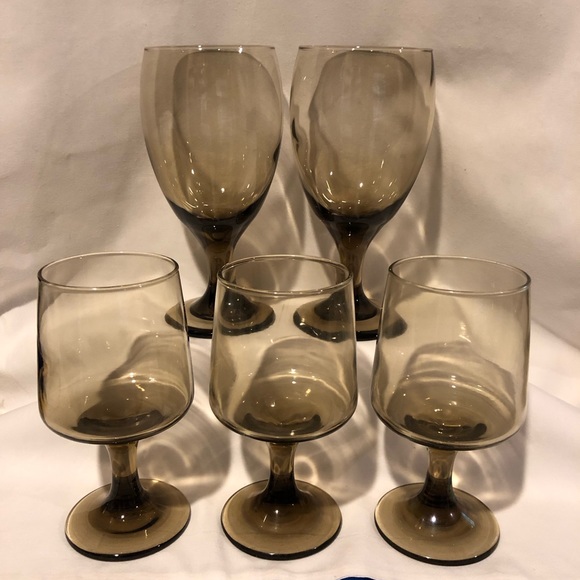 Libbey Dining 5 Libbey Tawny Accent Smokey Brown Retro Wine Water Glasses Goblets Nice Set